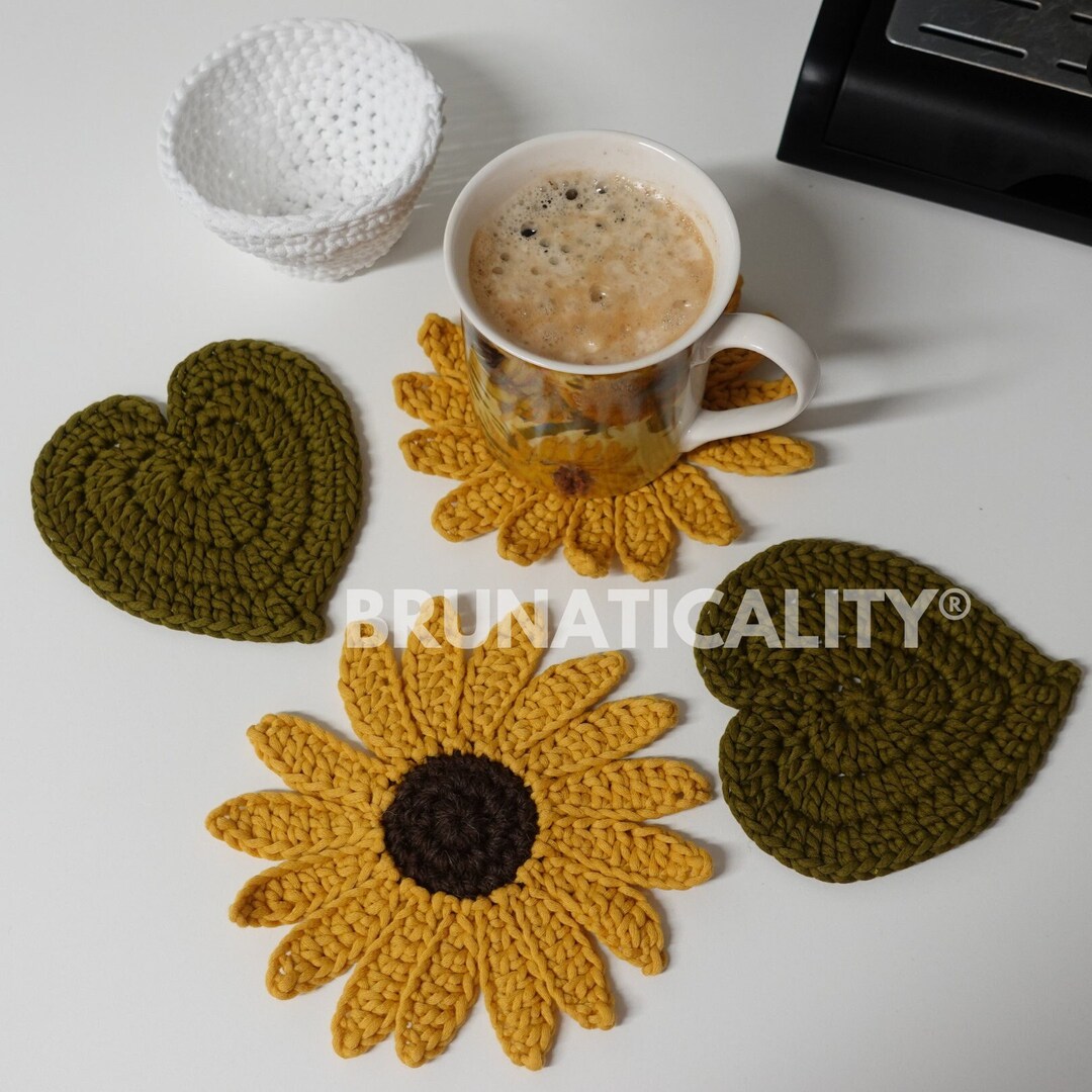 Crochet Sunflower Pot Coaster Set WRITTEN PATTERN, Crochet Plant Pot ...
