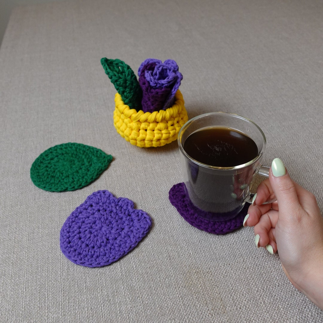 Crochet Tulip Flower Pot Coaster Pattern, Crochet Plant Coasters ...