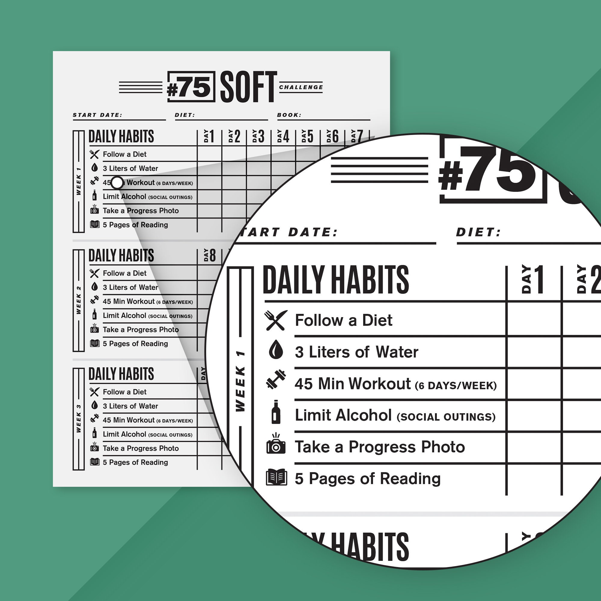 Printable 75 SOFT Challenge Easier 75hard Habit Tracker Checklist 75 ...