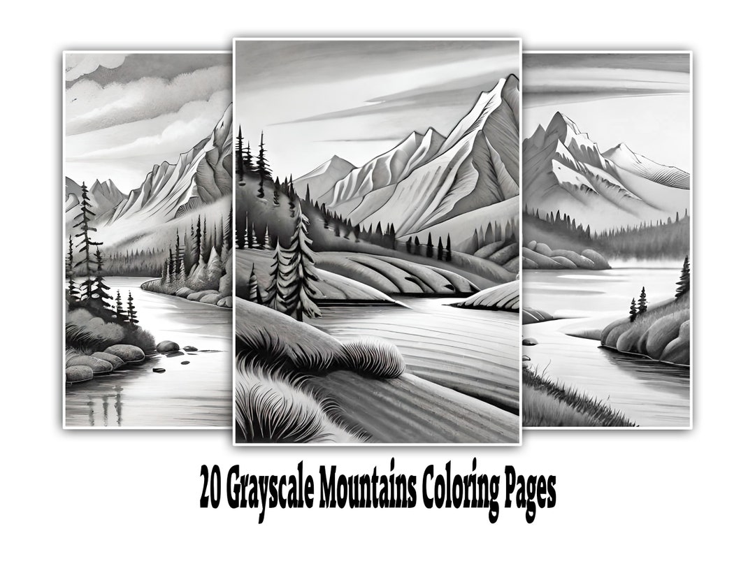 Scenic Mountain Landscapes - 20 Grayscale Coloring Pages - Instant ...