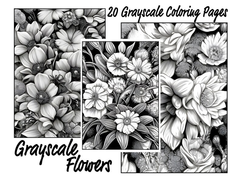 Flowers 20 Grayscale Coloring Pages Instant Digital - Etsy