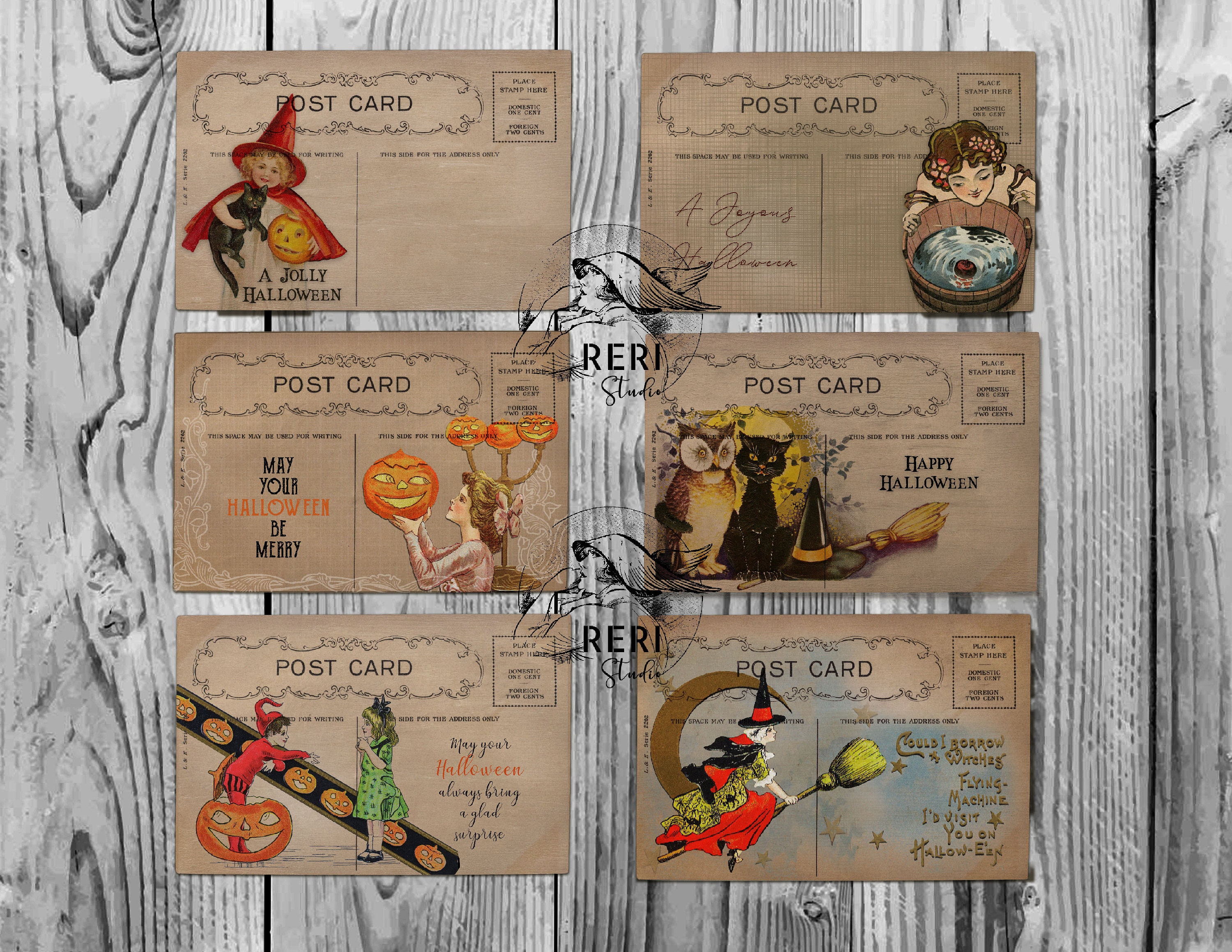 Vintage Halloween Digital Post Cards, Cute Happy Halloween Printable ...