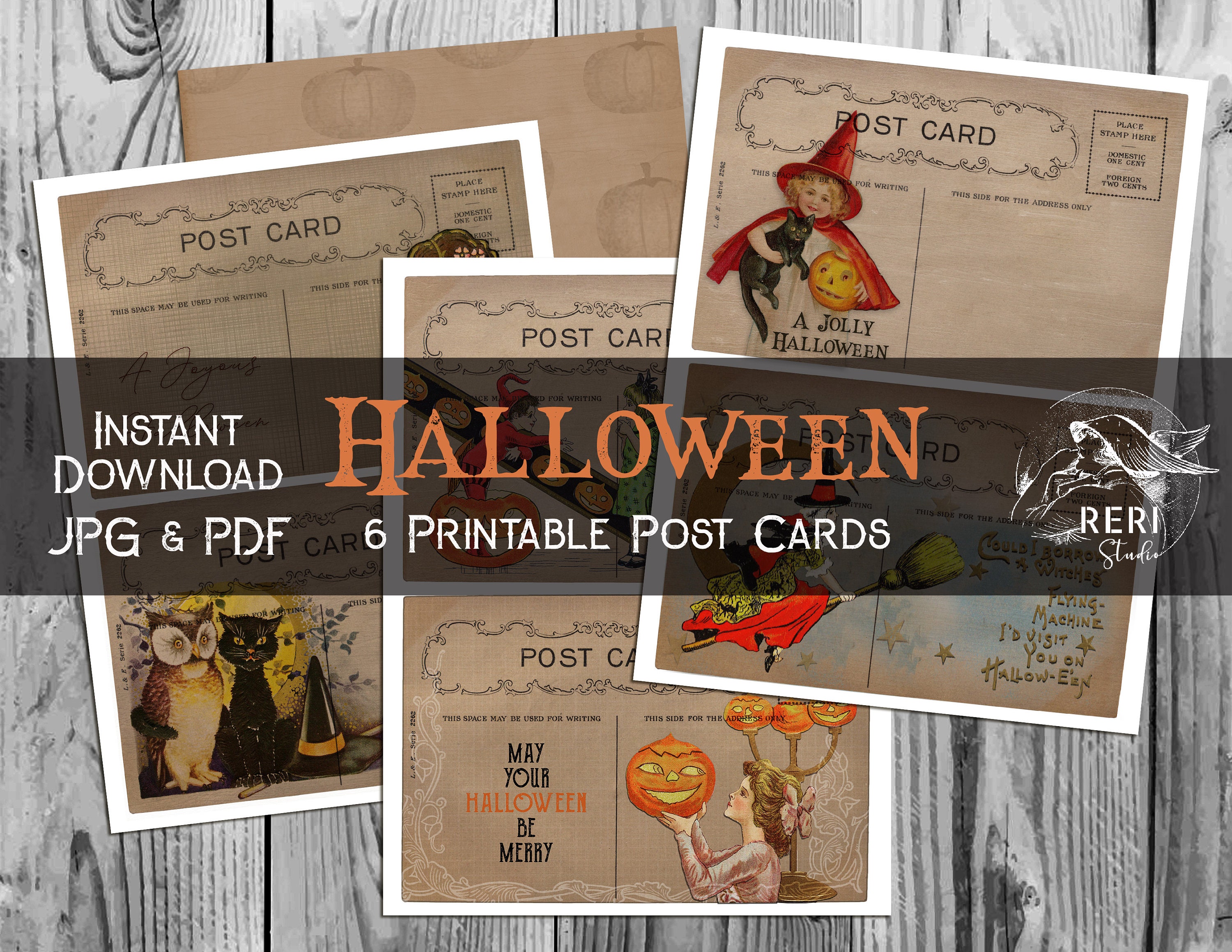 Vintage Halloween Digital Post Cards, Cute Happy Halloween Printable ...