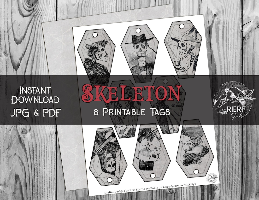 8 Printable Skeleton Tags, Spooky Halloween Ephemera for Junk Journals ...