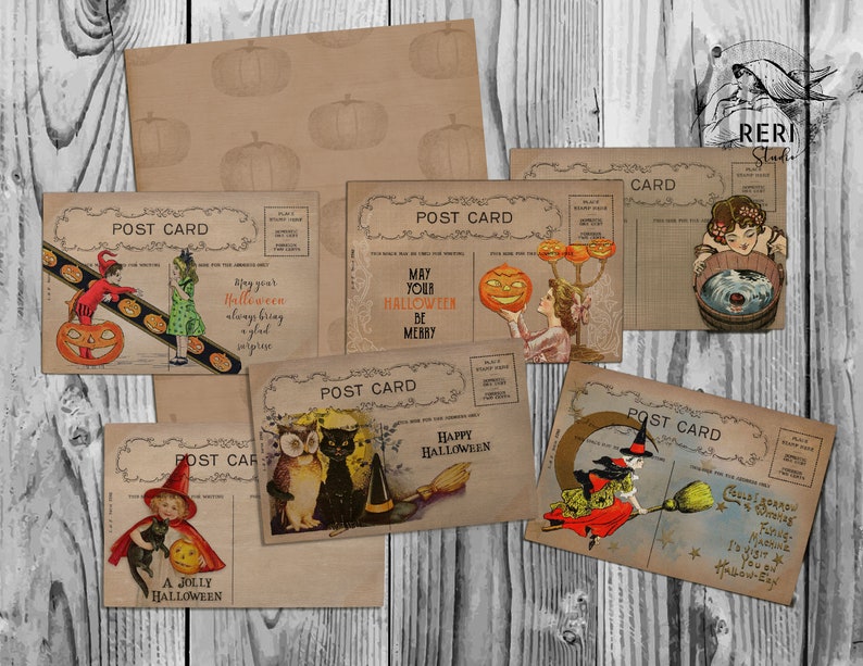 Vintage Halloween Digital Post Cards, Cute Happy Halloween Printable ...
