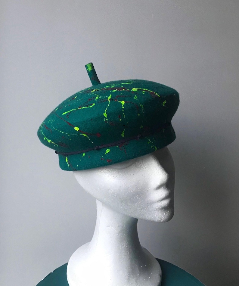 Handmade Wool Felt Beret With Neon Accents, Unique Art Hat (56-57.5 Cm ...
