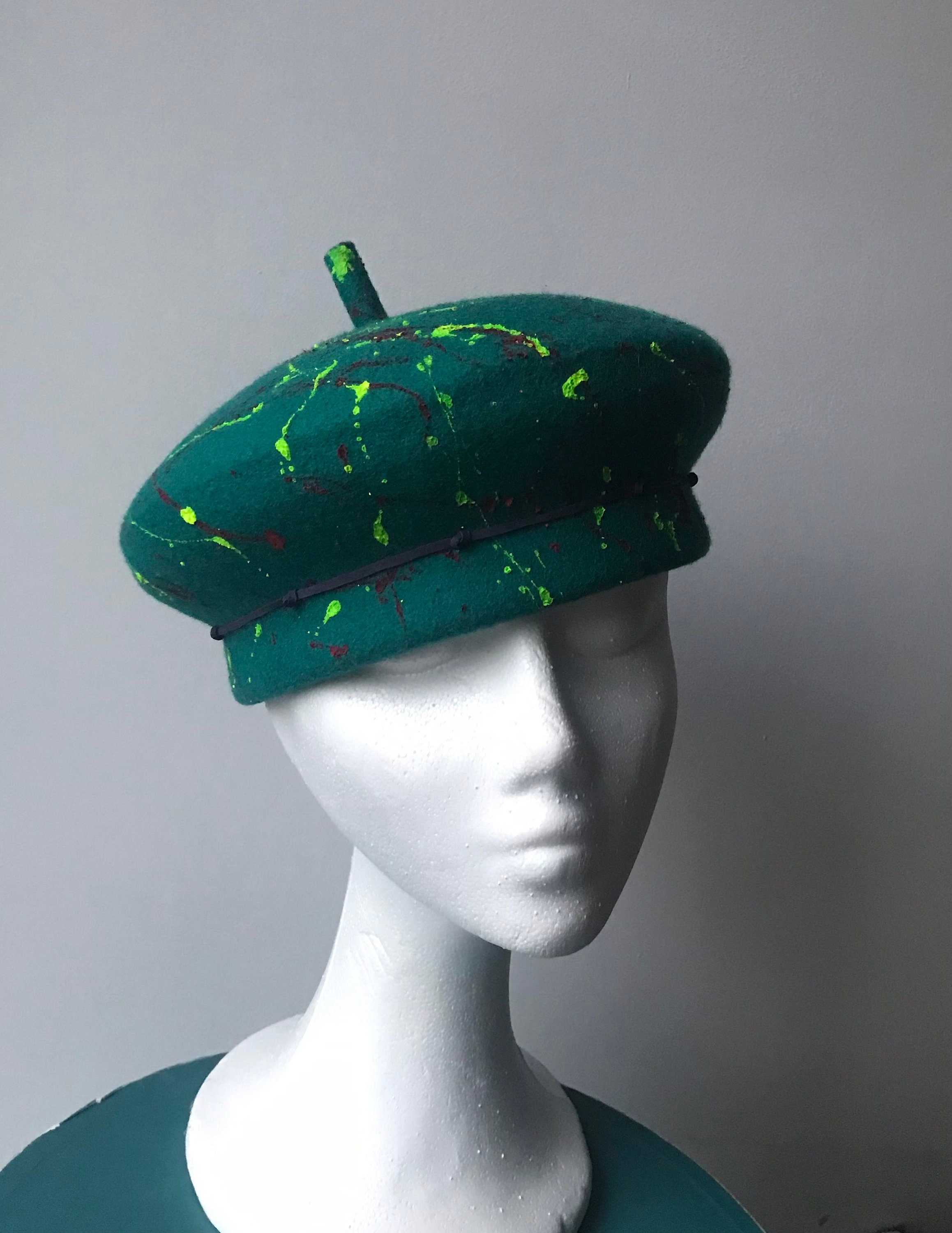 Handmade Wool Felt Beret With Neon Accents, Unique Art Hat (56-57.5 Cm ...