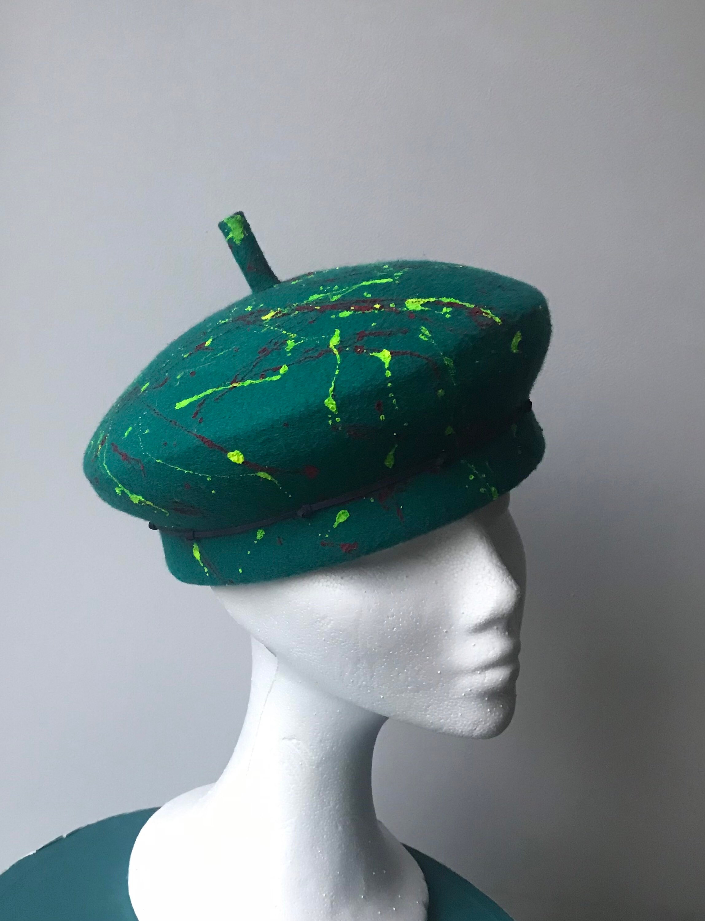 Handmade Wool Felt Beret With Neon Accents, Unique Art Hat (56-57.5 Cm ...