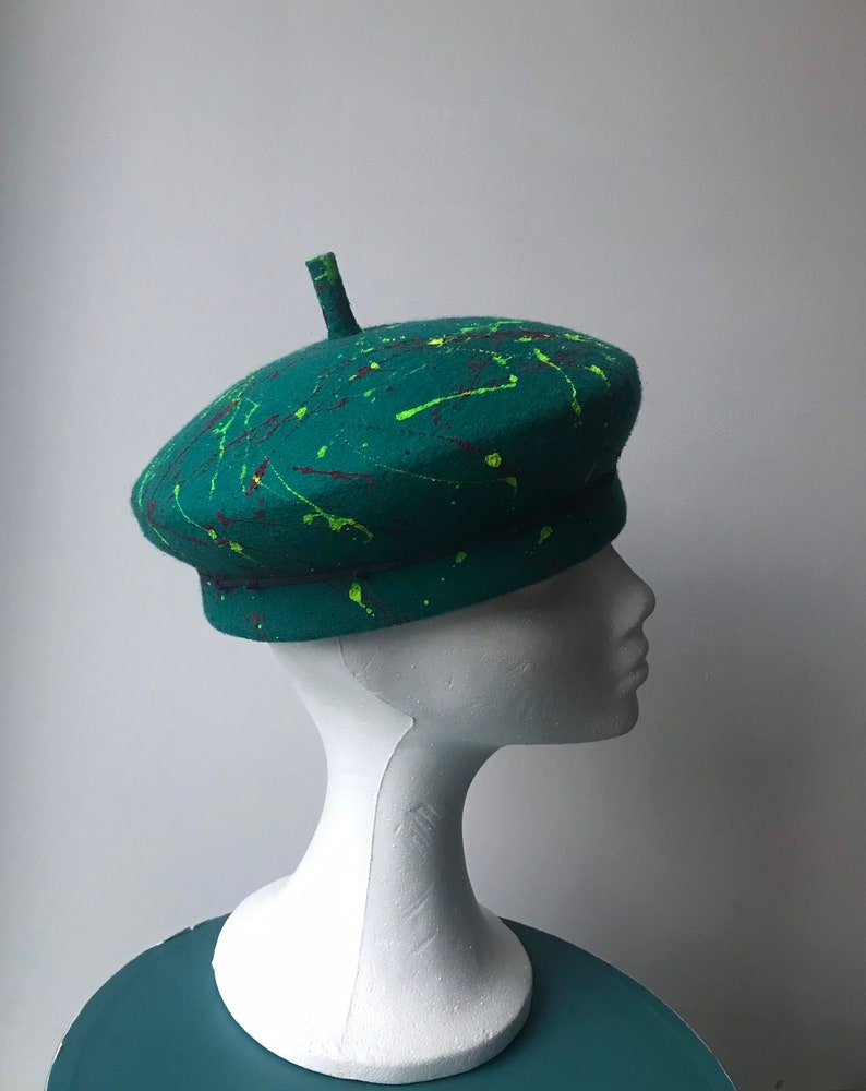 Handmade Wool Felt Beret With Neon Accents, Unique Art Hat (56-57.5 Cm ...