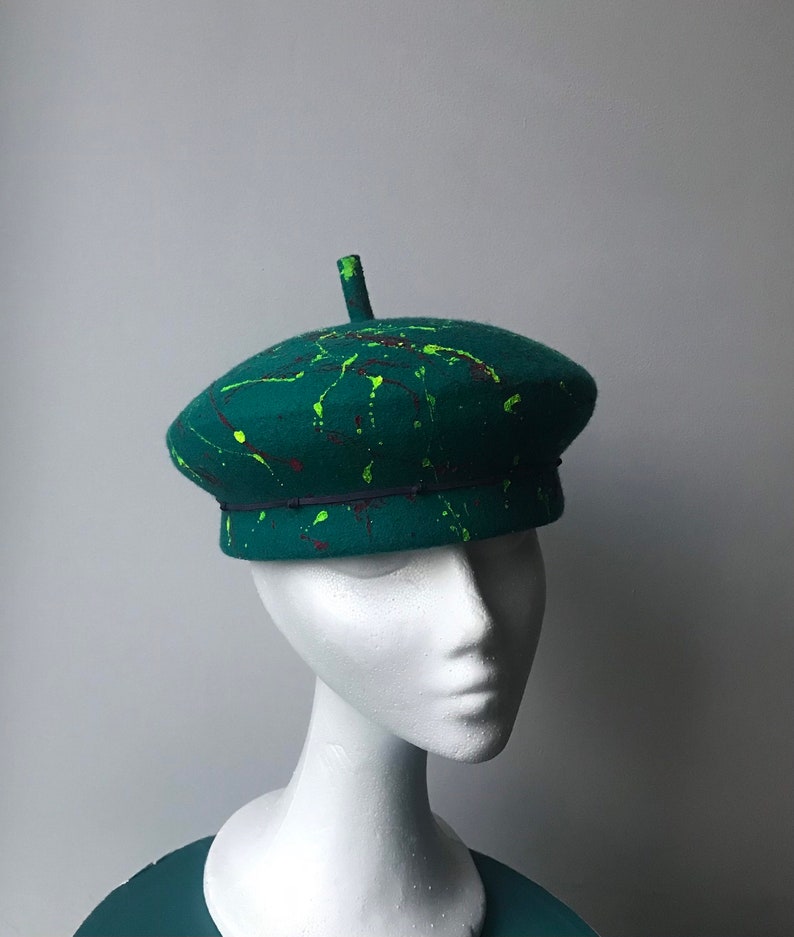 Handmade Wool Felt Beret With Neon Accents, Unique Art Hat (56-57.5 Cm ...