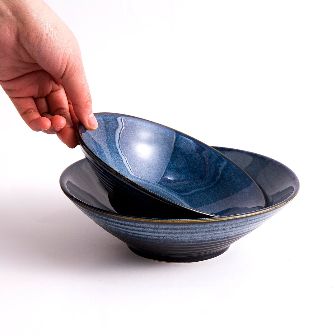 Japanese Style Ceramic Dinner Bowls, Blue Dinnerware Bowls, Handmade ...