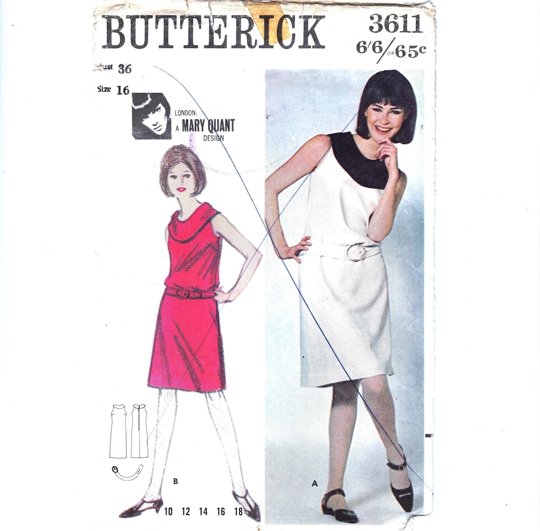 Butterick 3611 Mary Quant Vintage 1960s Pattern Size 16 Mod Dress, Flat ...