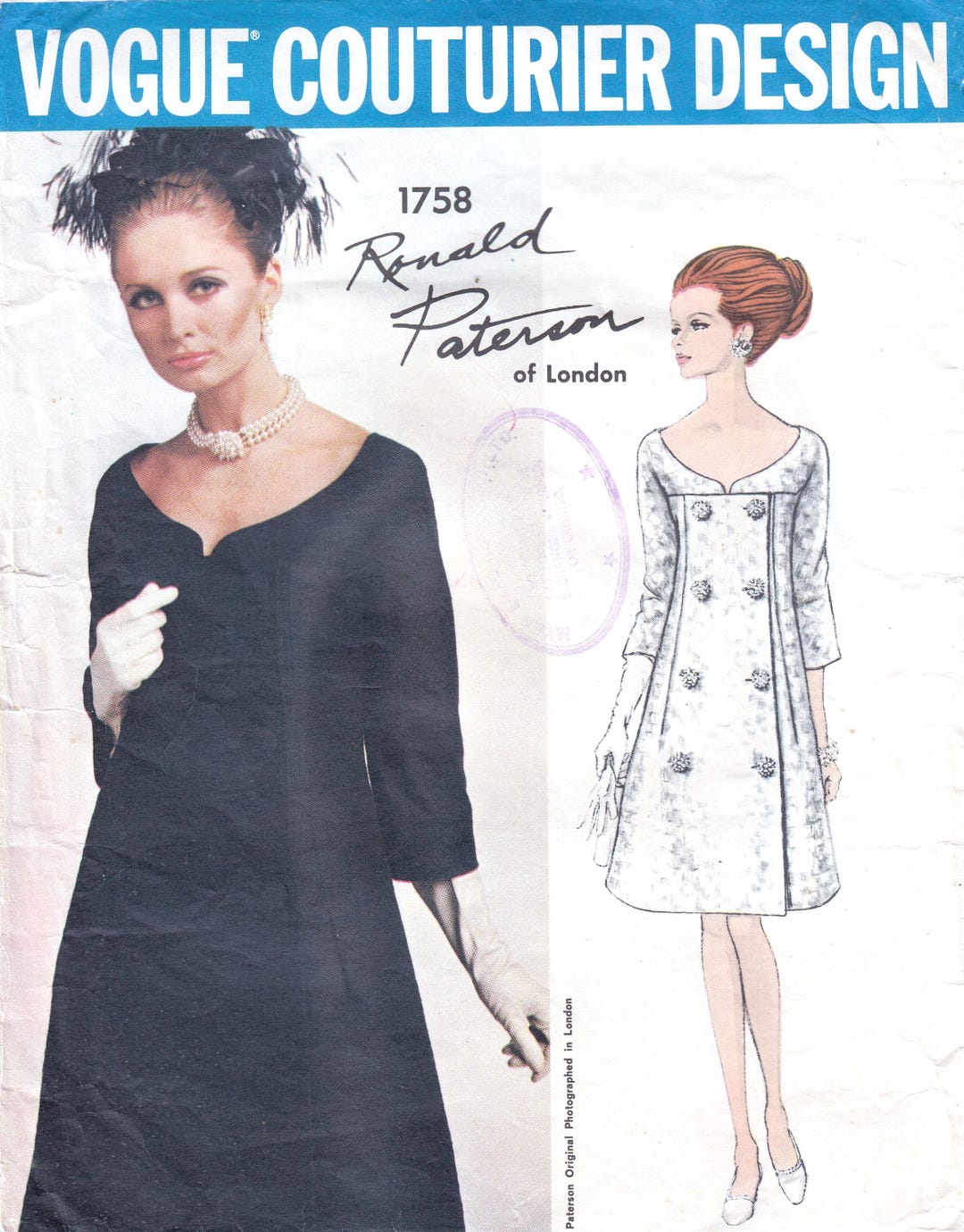 Vogue 1758 Sewing Pattern, 1960s Ronald Paterson of London, Size 14, 34 ...
