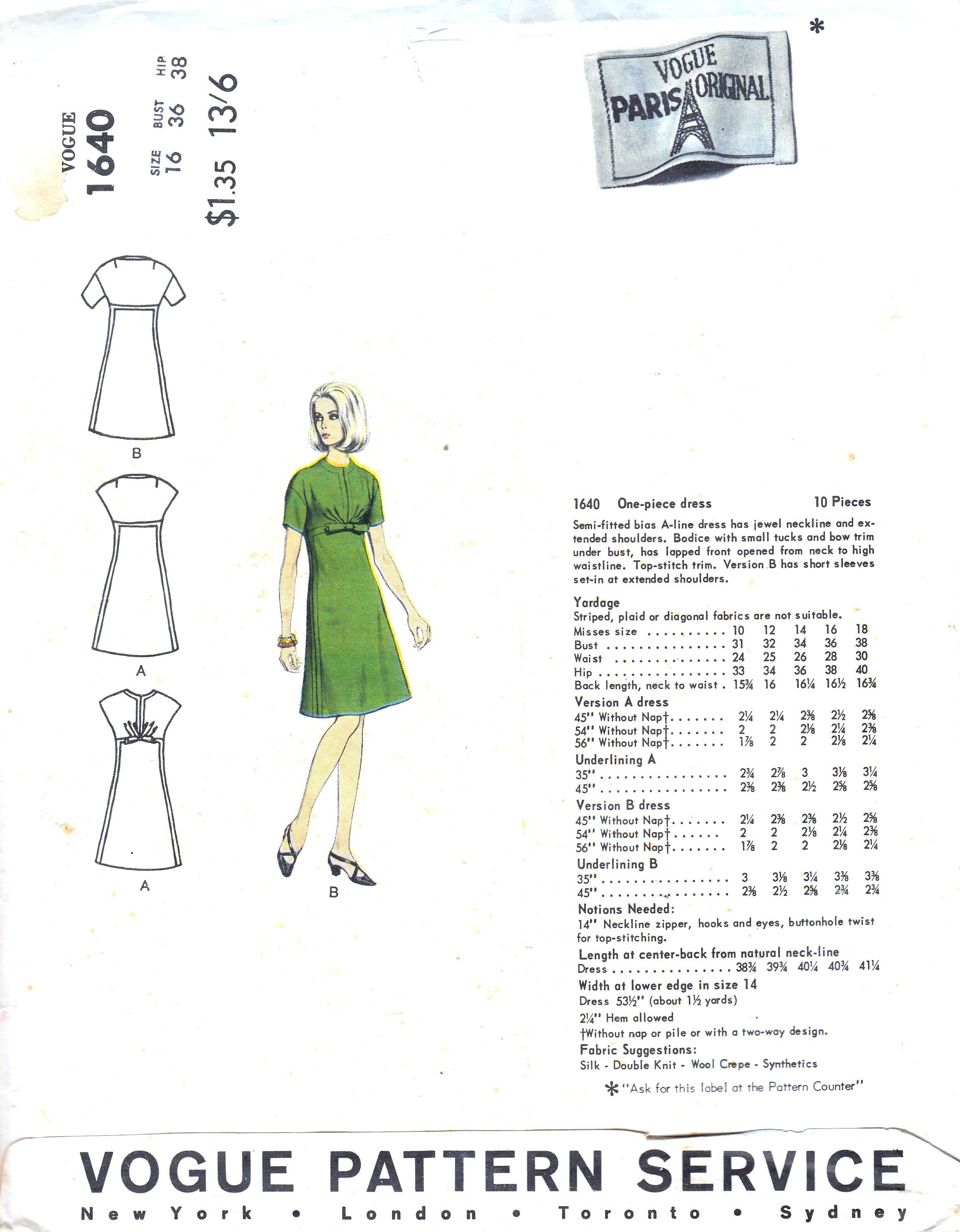 Vogue 1640 Sewing Pattern, Rare Uncut 60s Gres Designer Size 16, 36 ...