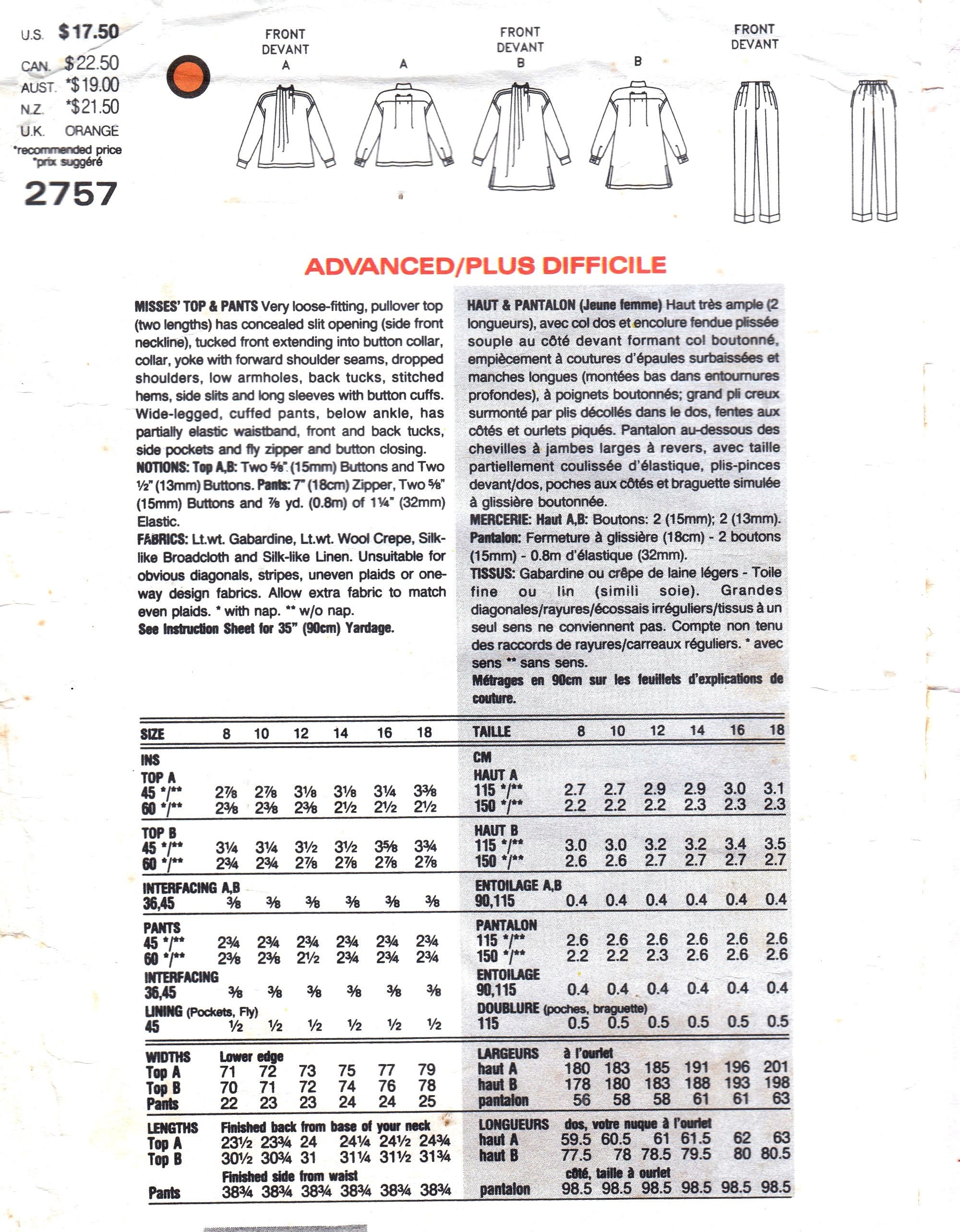 Vogue 2757 Issey Miyake Sewing Pattern 1990s Size 12 34" Bust Top and ...
