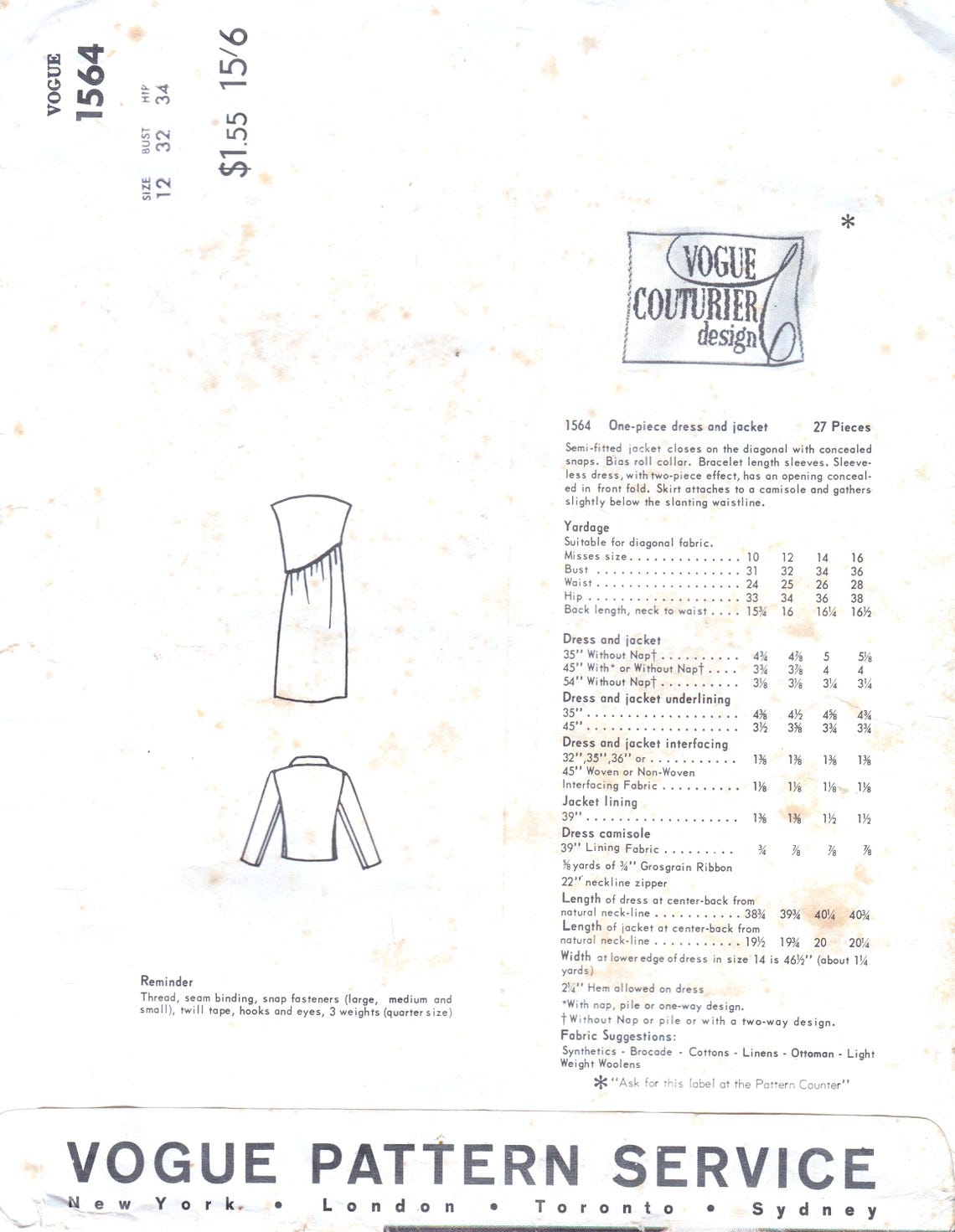 Vogue 1564 Sewing Pattern, Rare Galitzine 1960s Vogue Couturier Design ...