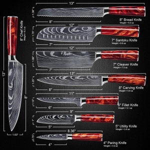 Stunning 8-piece Crimson Red Kitchen Knife Set With Damascus Pattern ...