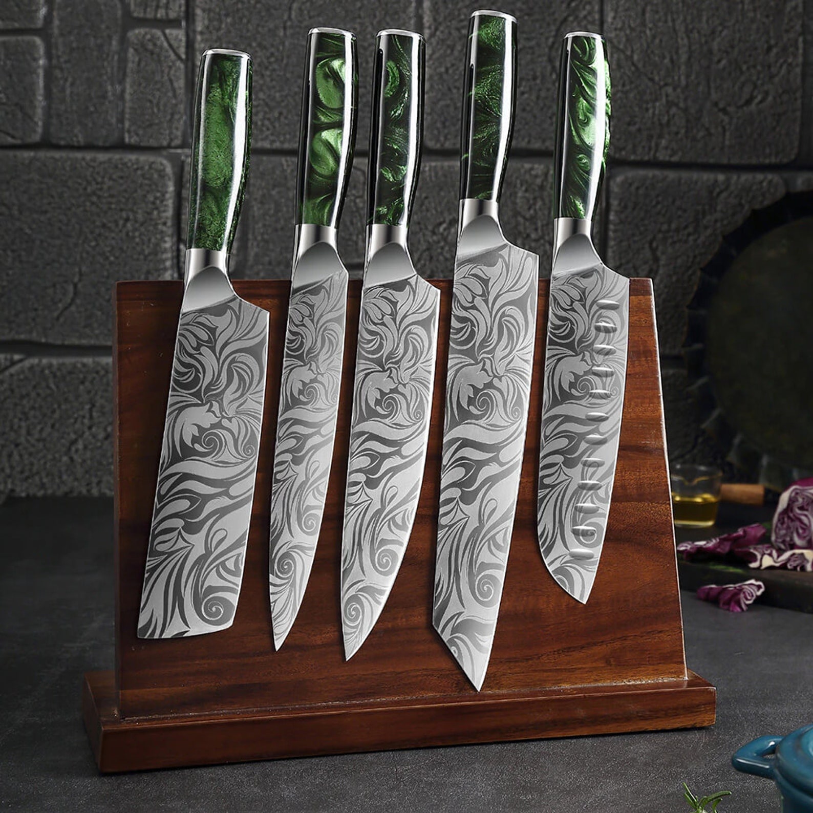 Beautifully Engraved Knife Set Japanese Knife Set With Green - Etsy