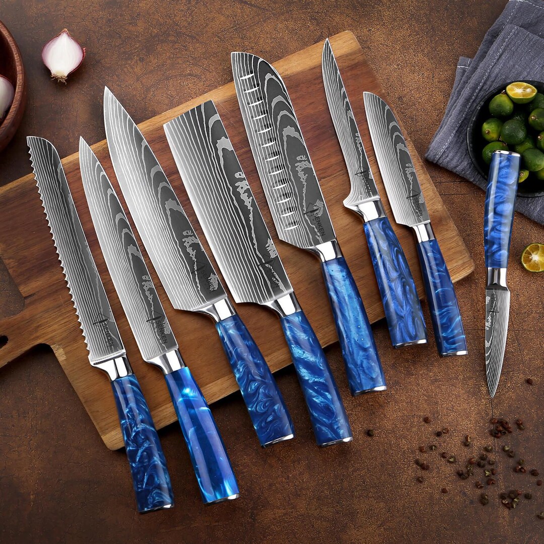8 Piece Kitchen Knife Set With Stunning Blue Resin Handles and Engraved ...