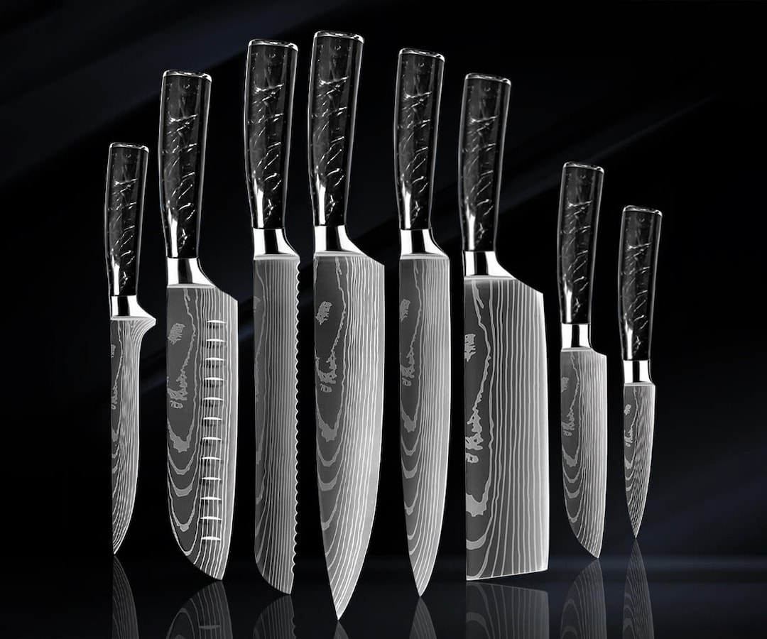 8-piece Japanese Kitchen Knife Set With Black Resin Handle & Damascus ...