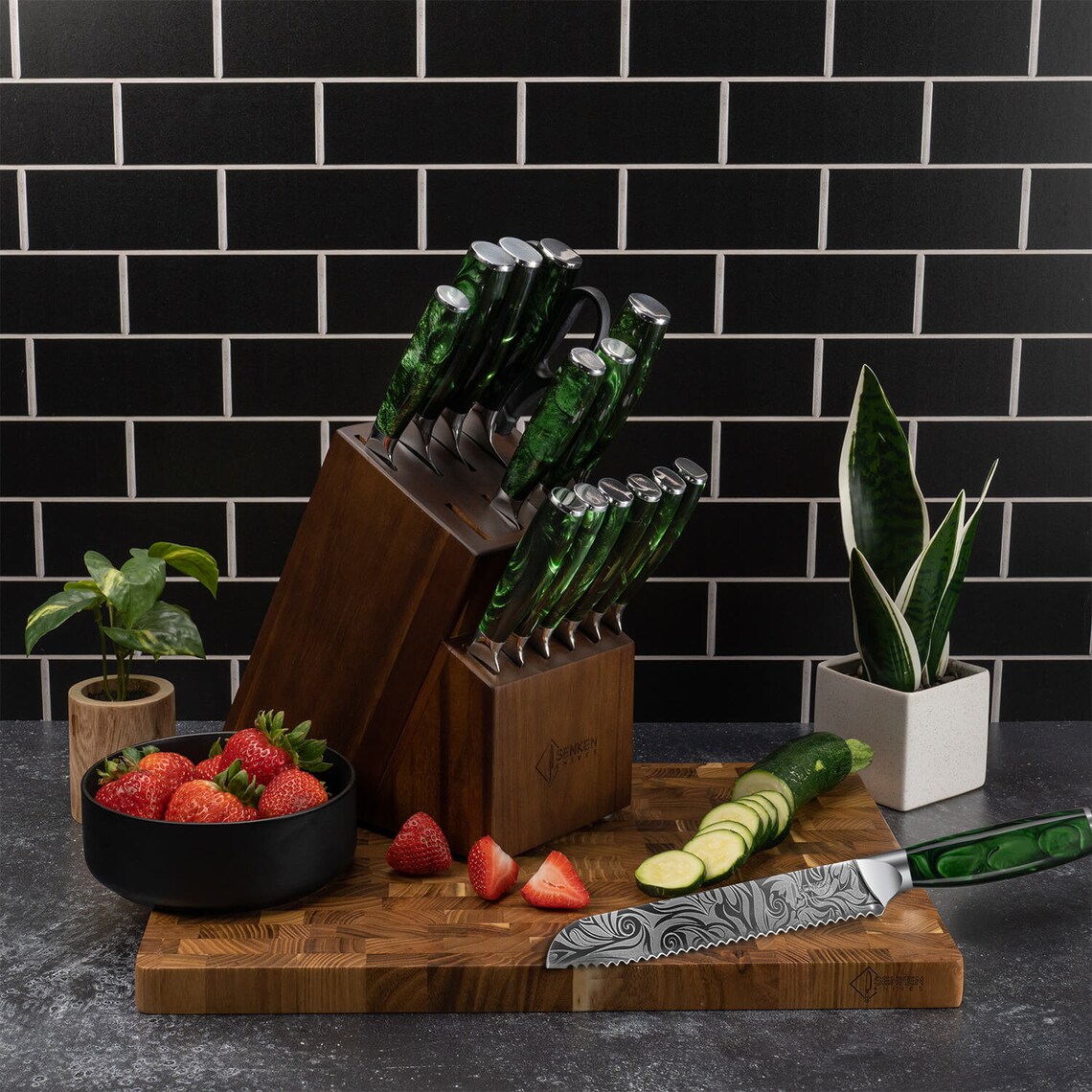 16-piece Japanese Knife Block Set, Natural Acacia Wood - Beautifully ...