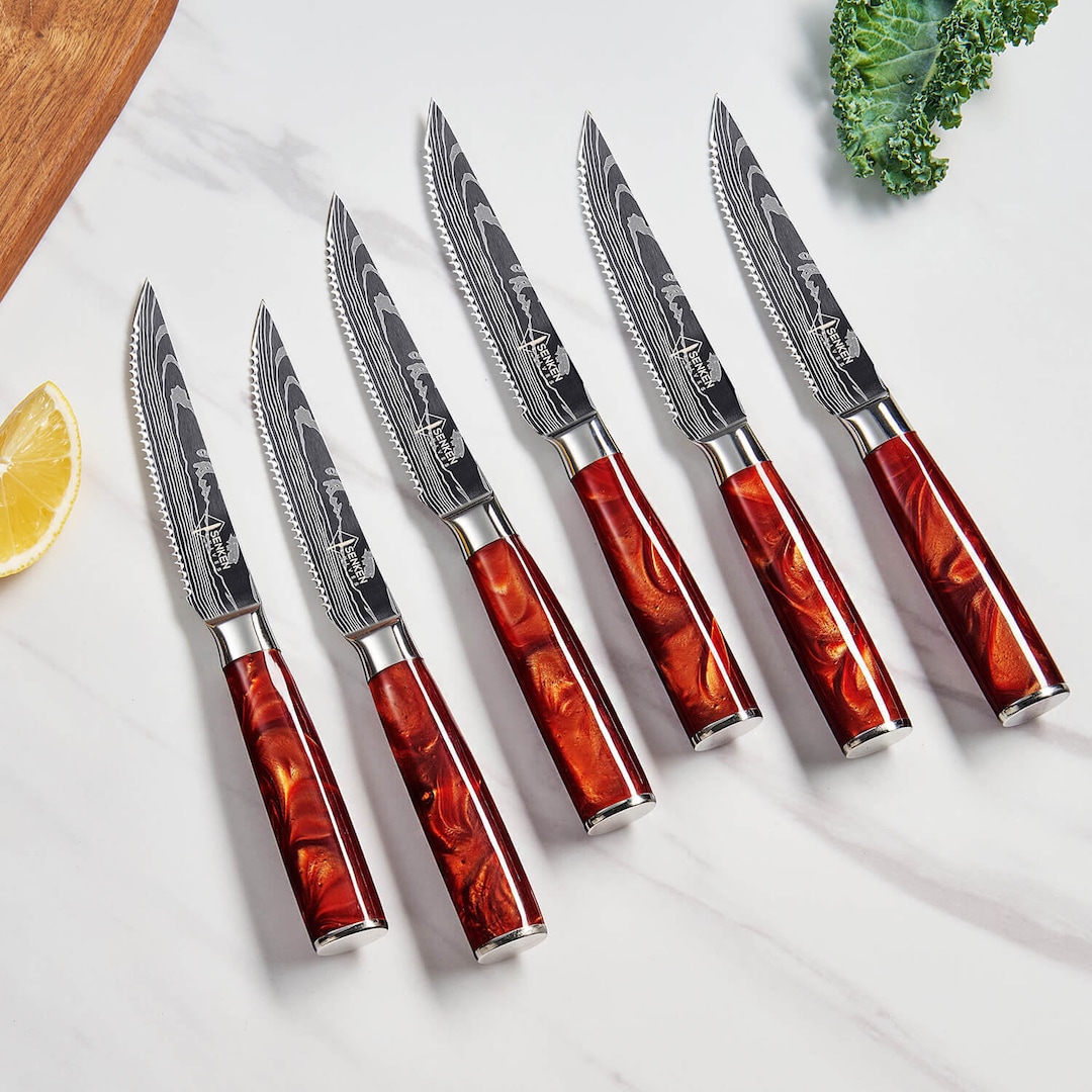 Stunning Red Resin Steak Knife Set With Damascus Blade Pattern - Razor ...