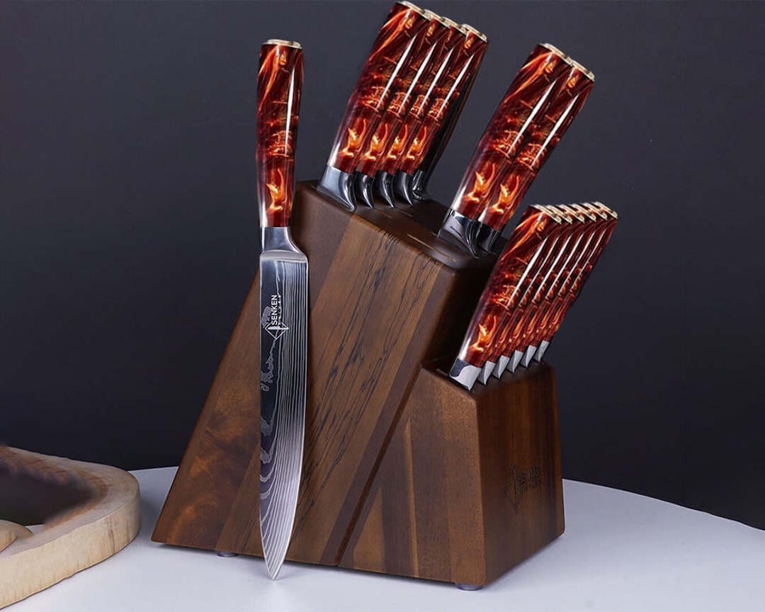 16-piece Natural Acacia Wood Knife Block Set Damascus - Etsy