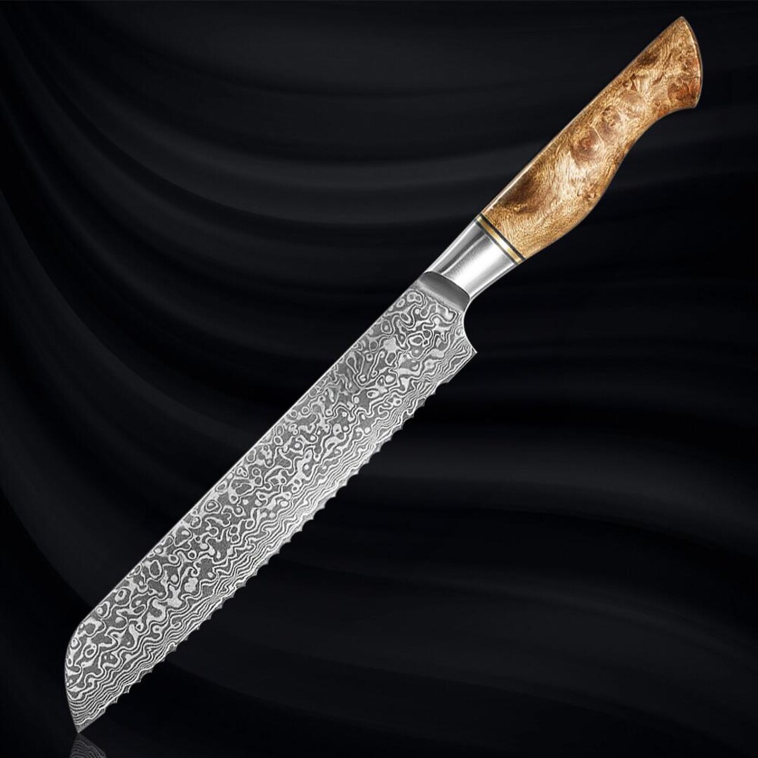 Beautifully Crafted Damascus Steel 8" Bread Knife - Natural Sycamore ...