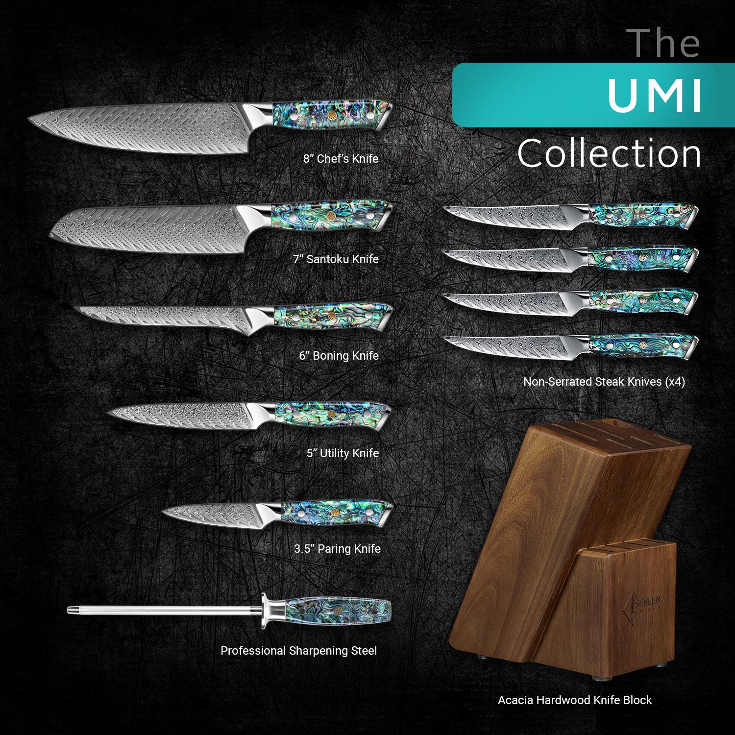 11-piece Real Abalone Shell Damascus Knife Block Set With Acacia Wood ...