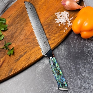 Damascus Steel Bread Knife With Real Abalone Shell Handle - Japanese ...