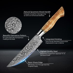 Damascus Steak Knife Set With Beautiful Natural Sycamore Wood Handles ...