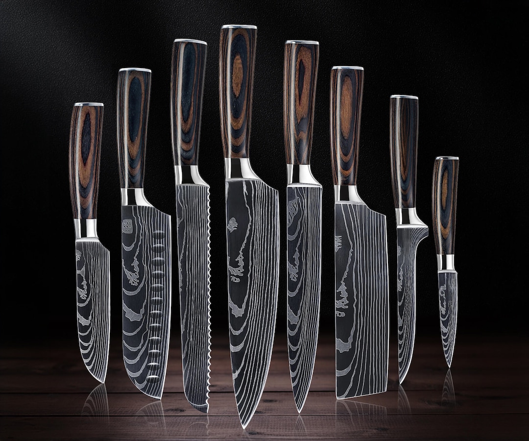 Complete 8-piece Kitchen Knife Set With Damascus Pattern - Japanese ...