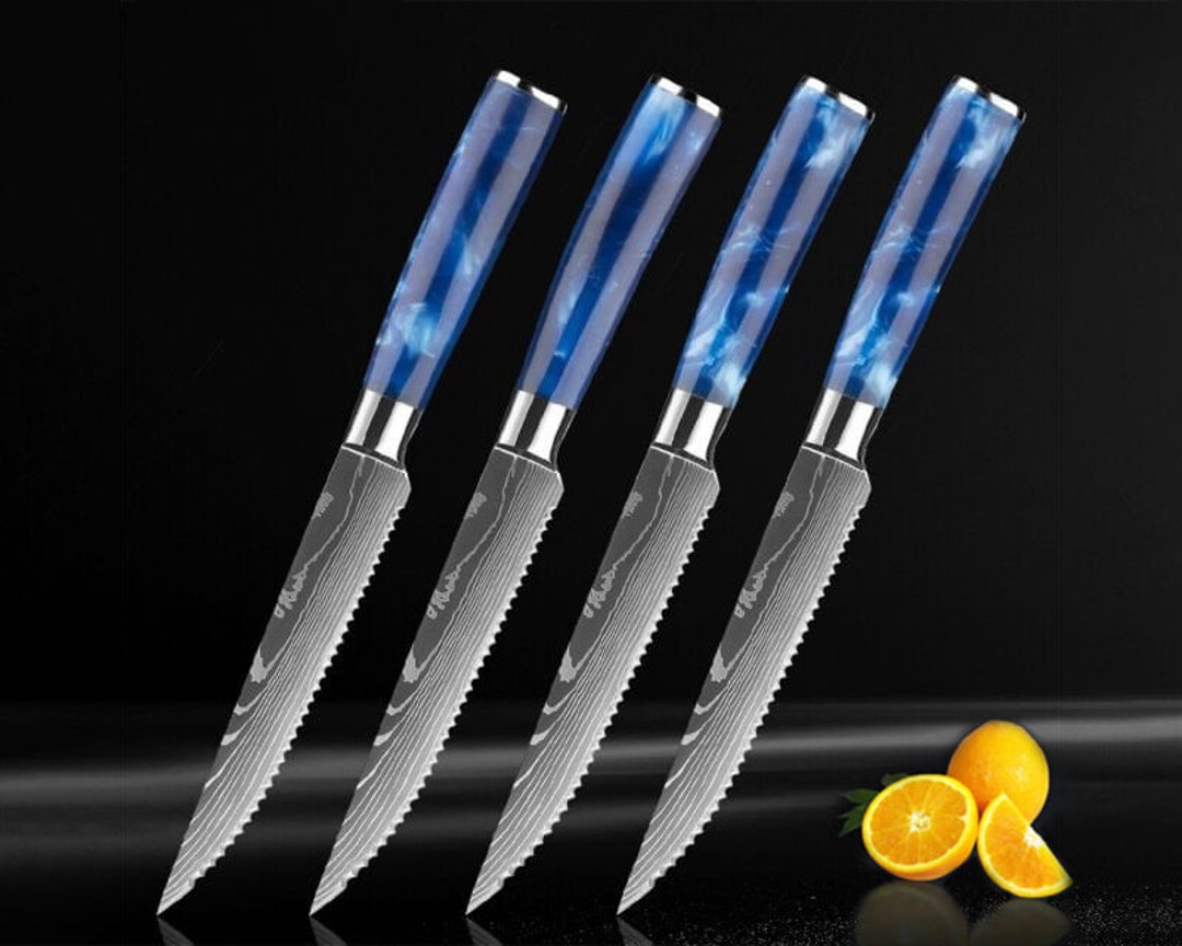 Beautiful Blue Resin Steak Knife Set With Damascus Engraved Pattern ...