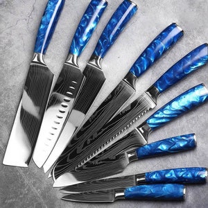 Stunning 8-piece Japanese Kitchen Knife Set With Damascus Pattern and ...