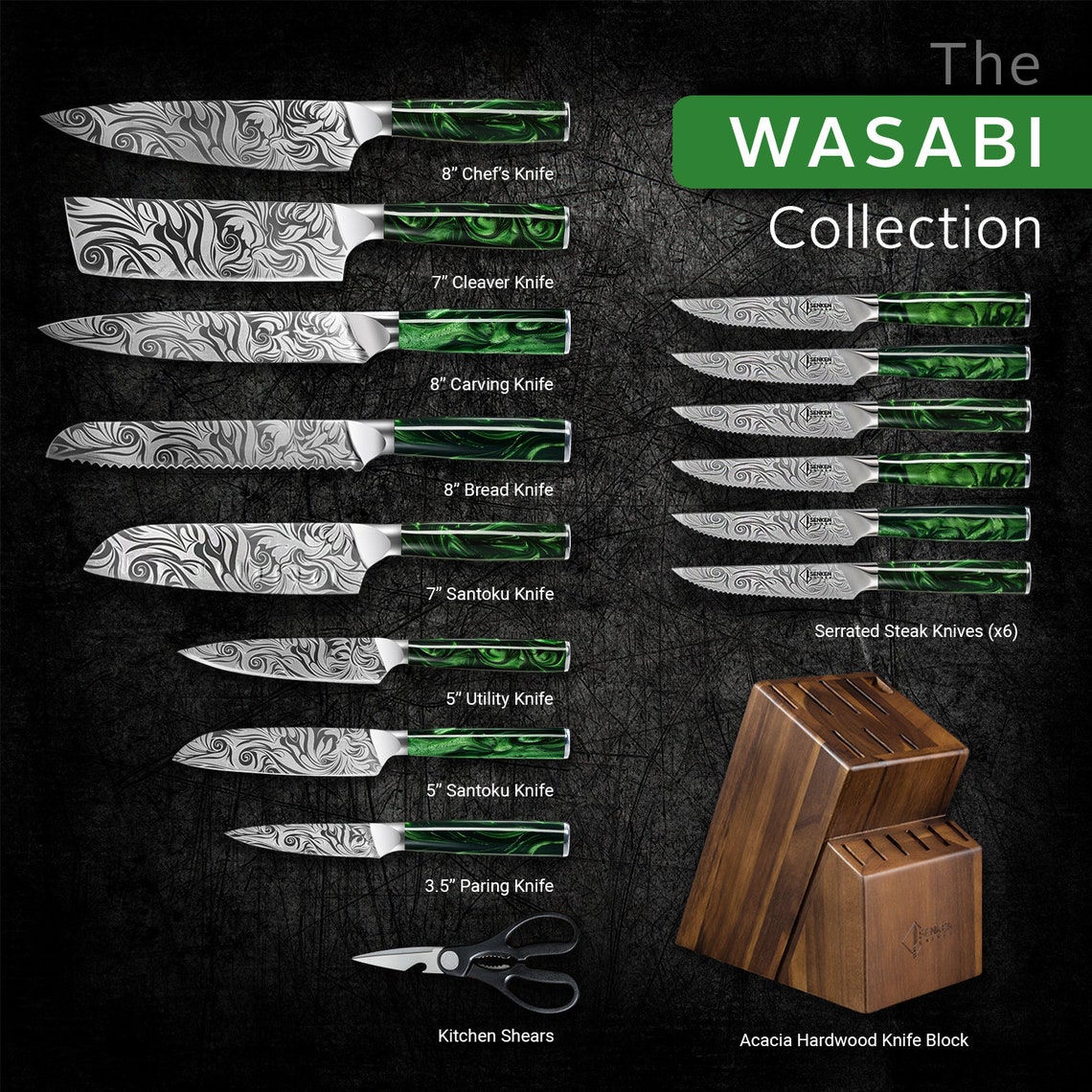 16-piece Japanese Knife Block Set, Natural Acacia Wood - Beautifully ...