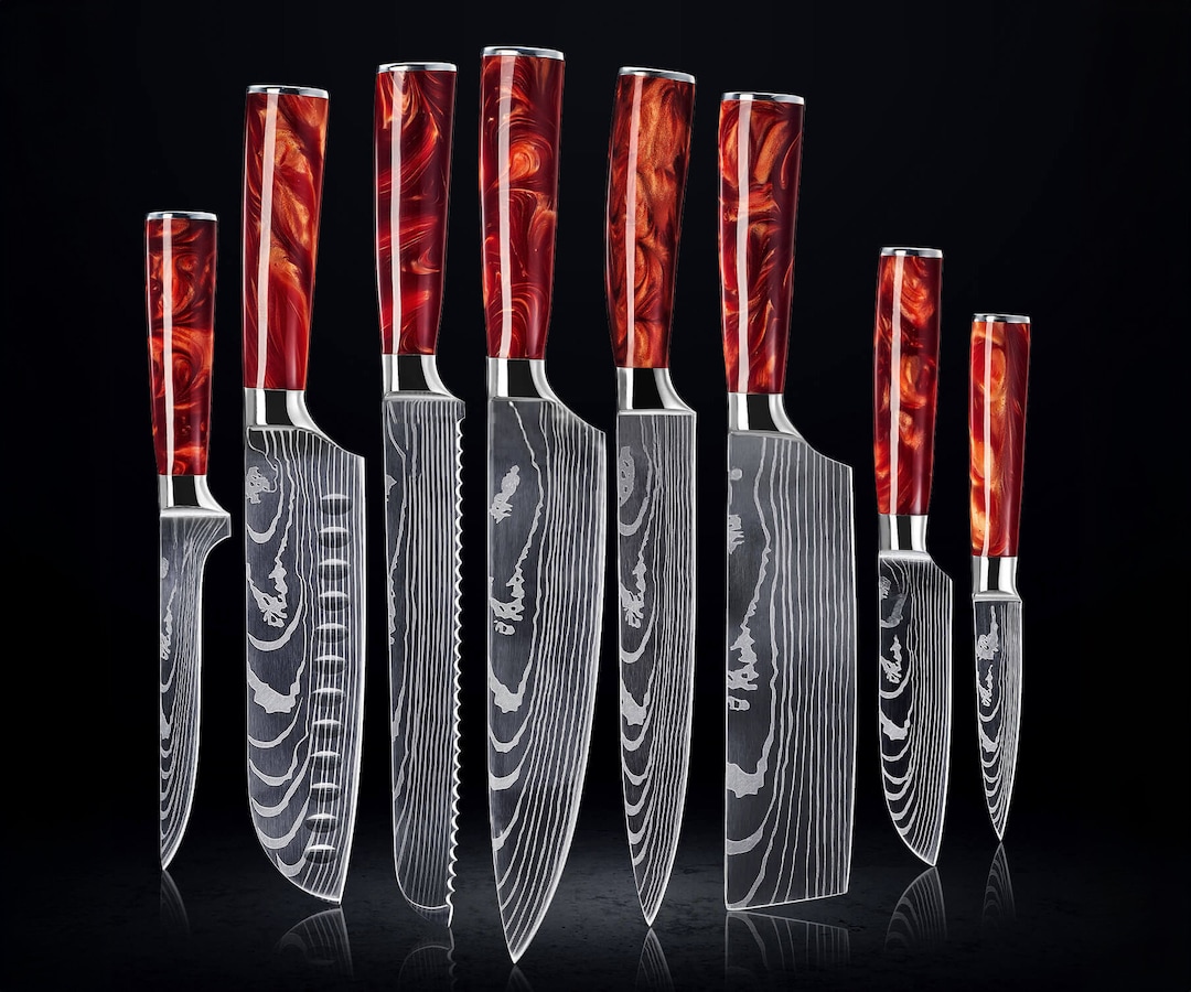 Stunning 8-piece Crimson Red Kitchen Knife Set With Damascus Pattern ...