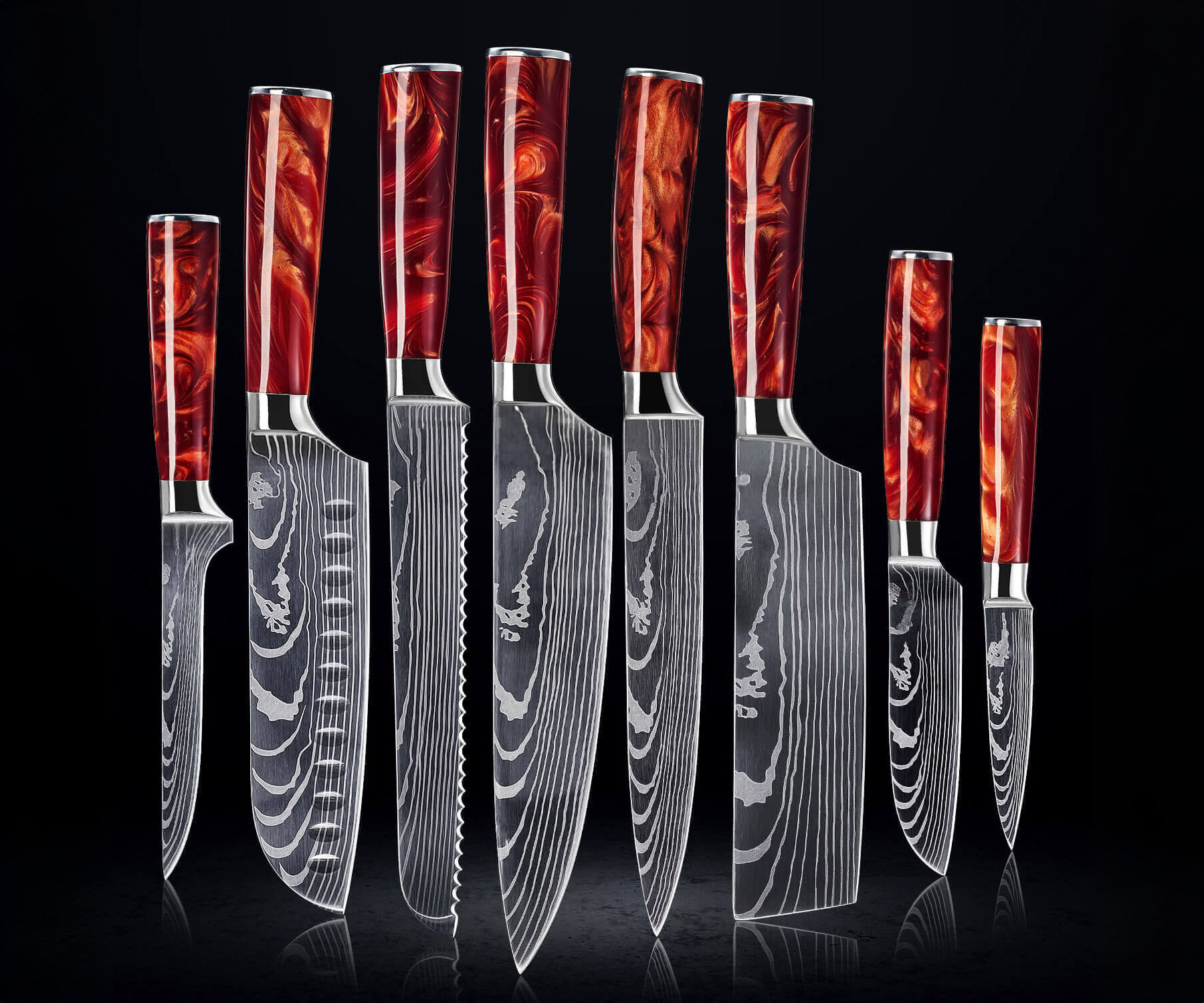 Stunning 8-piece Crimson Red Kitchen Knife Set With Damascus Pattern ...