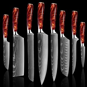 Stunning 8-piece Crimson Red Kitchen Knife Set With Damascus Pattern ...