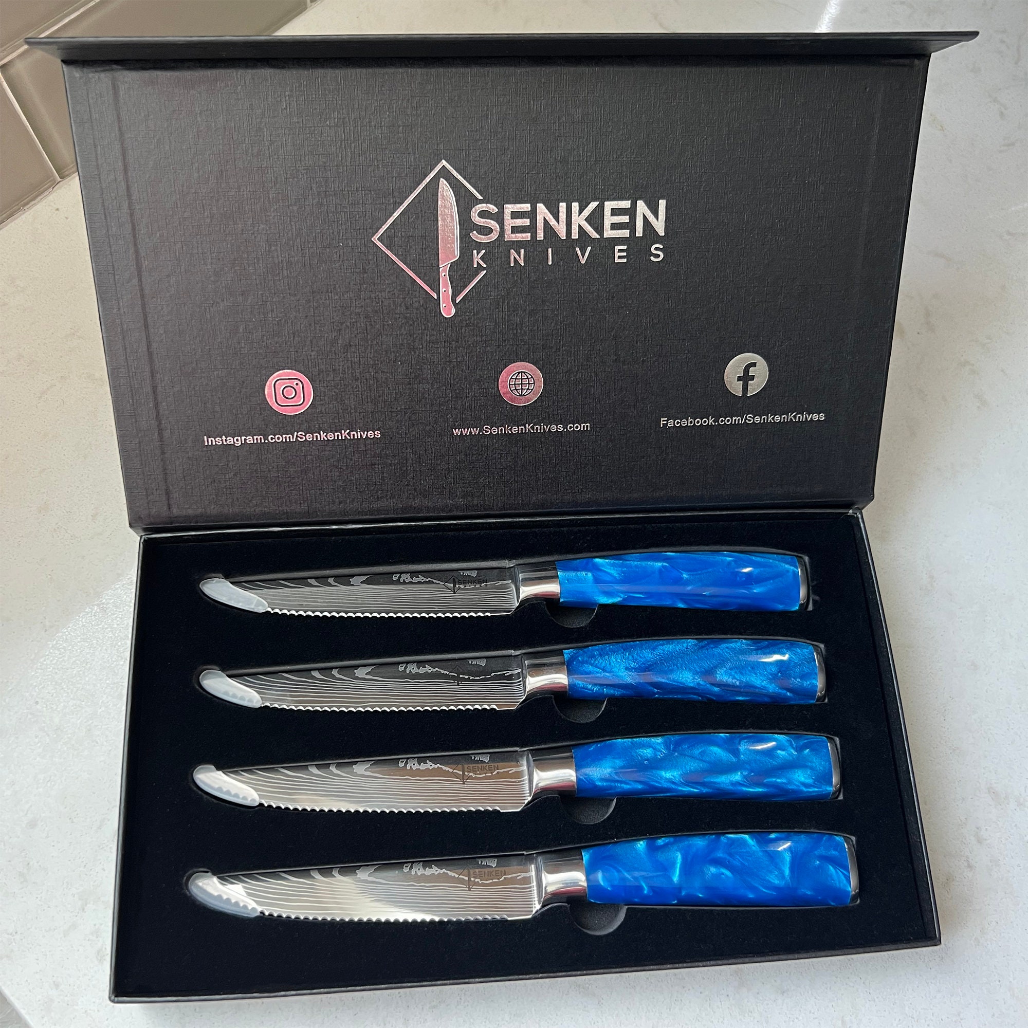 Beautiful Blue Resin Steak Knife Set With Damascus Engraved - Etsy