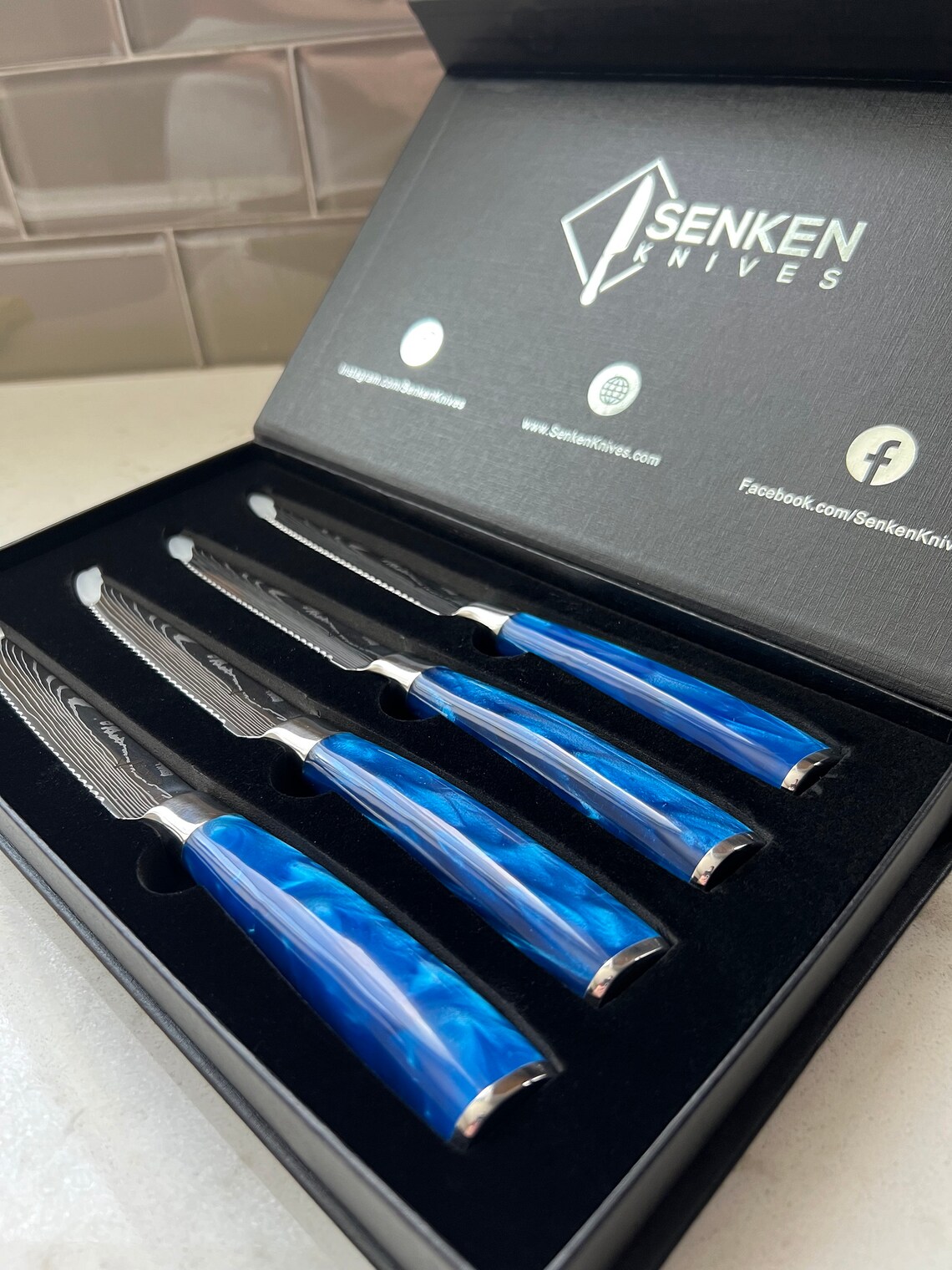 Beautiful Blue Resin Steak Knife Set With Damascus Engraved - Etsy