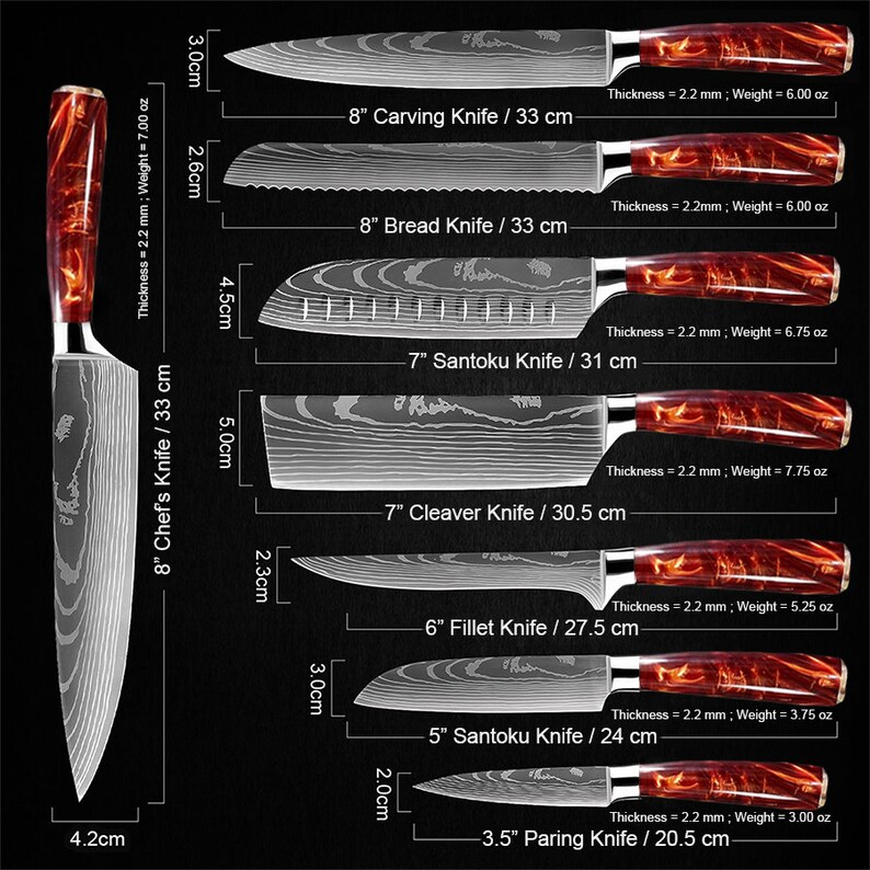 Stunning 8-piece Crimson Red Kitchen Knife Set With Damascus - Etsy