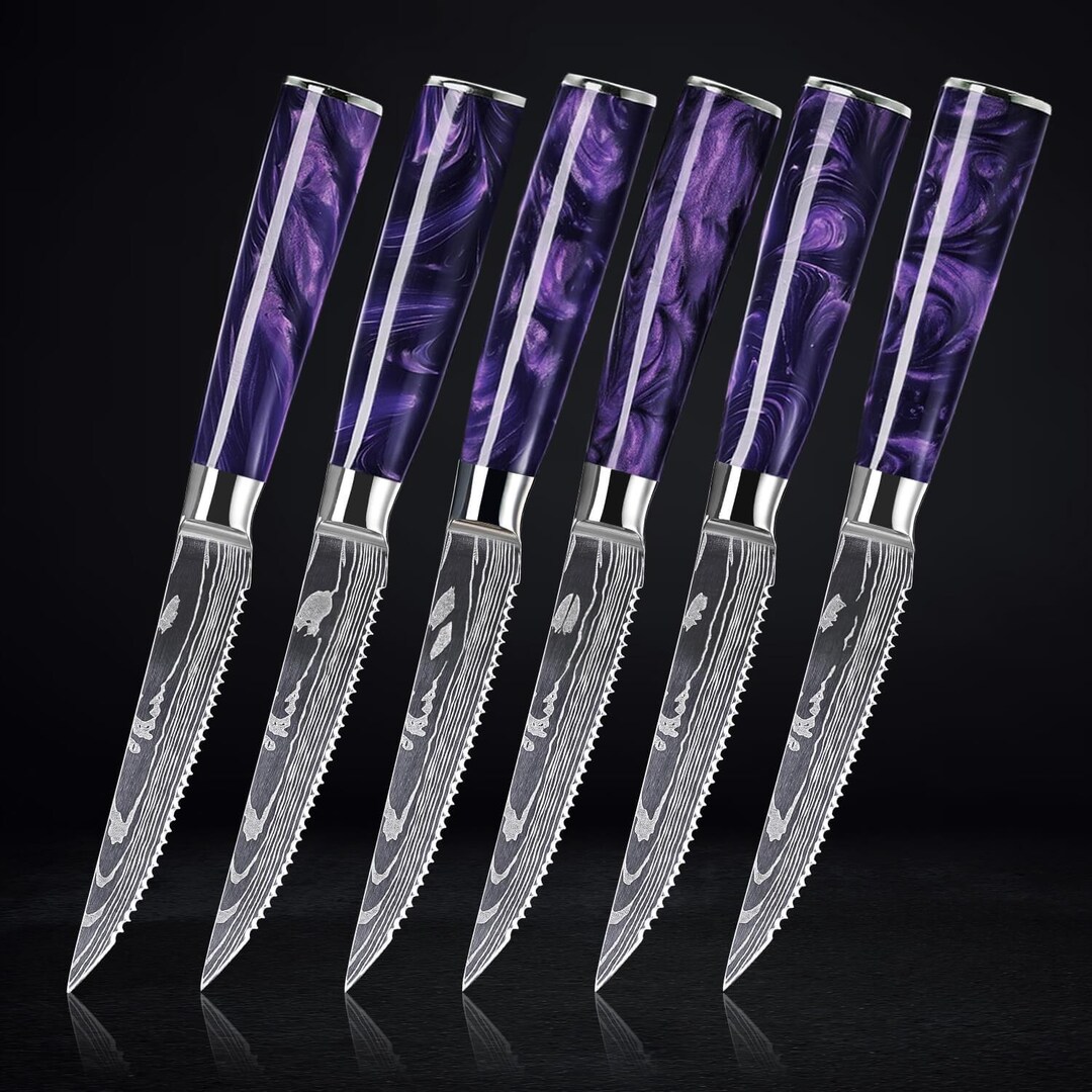Gorgeous Purple Resin 6-piece Steak Knife Set With Damascus Blade ...
