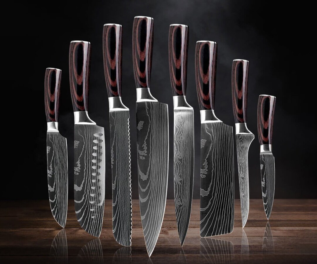 Complete 8-piece Kitchen Knife Set With Damascus Pattern Japanese Chef ...