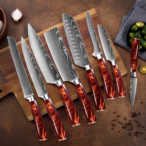 Stunning 8-piece Crimson Red Kitchen Knife Set With Damascus Pattern ...