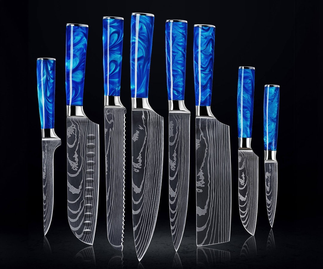 Stunning 8-piece Japanese Kitchen Knife Set With Damascus Pattern and ...