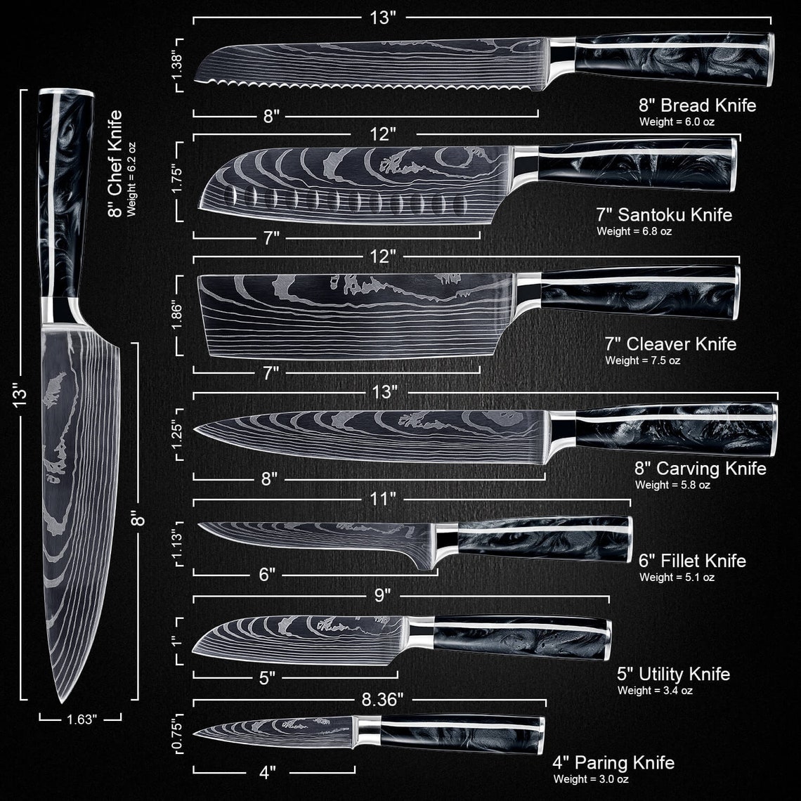 Chef Knife Set With Black Resin Handle and Damascus Blade Pattern ...
