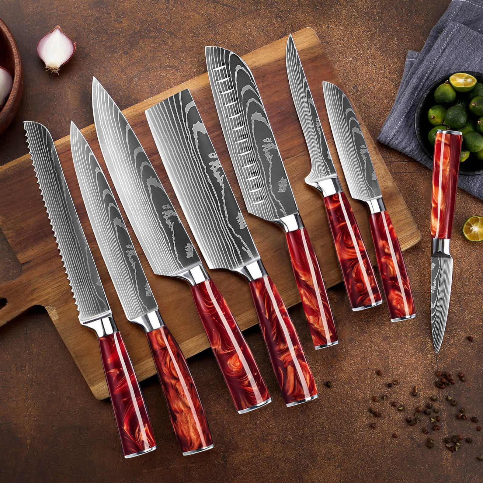Stunning 8-piece Crimson Red Kitchen Knife Set With Damascus Pattern ...
