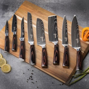 Complete 8-piece Kitchen Knife Set With Damascus Pattern Japanese Chef ...