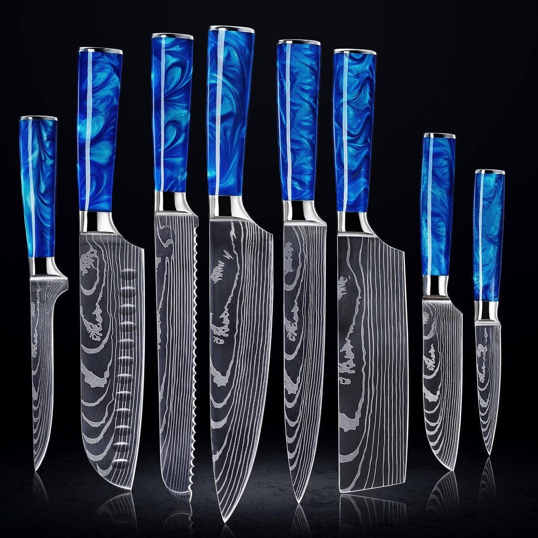 Stunning 8-piece Japanese Kitchen Knife Set With Damascus Pattern and ...