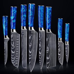 Stunning 8-piece Japanese Kitchen Knife Set With Damascus Pattern and ...